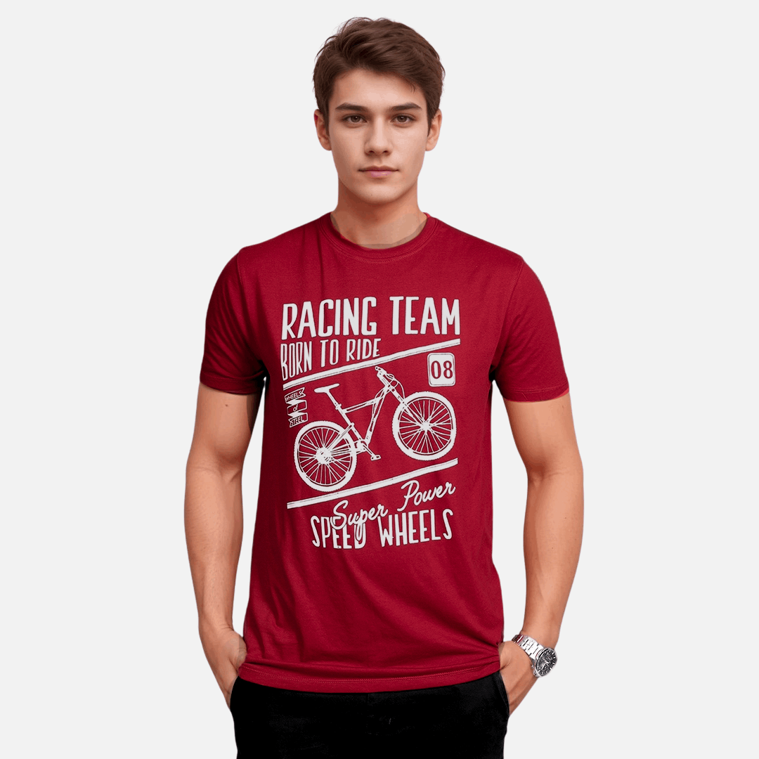 Speed Wheels Burgundy Maroon Color Crew Neck T-Shirt | VOGUE DESIRE